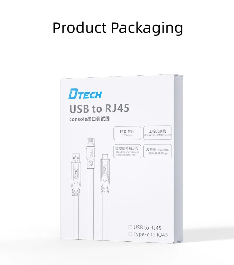 Dtech Pvc Jacket Usb Rs232 Ft232rl Cable 15m Type C Male To Rj45 Flat Console Debugging Cable