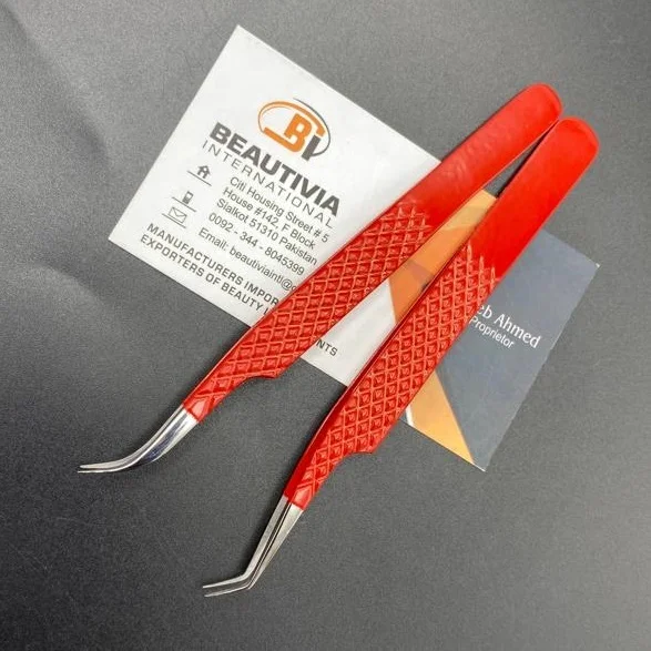 Red Color Coated Stainless Steel Eyelash Extension Tweezers With Custom ...