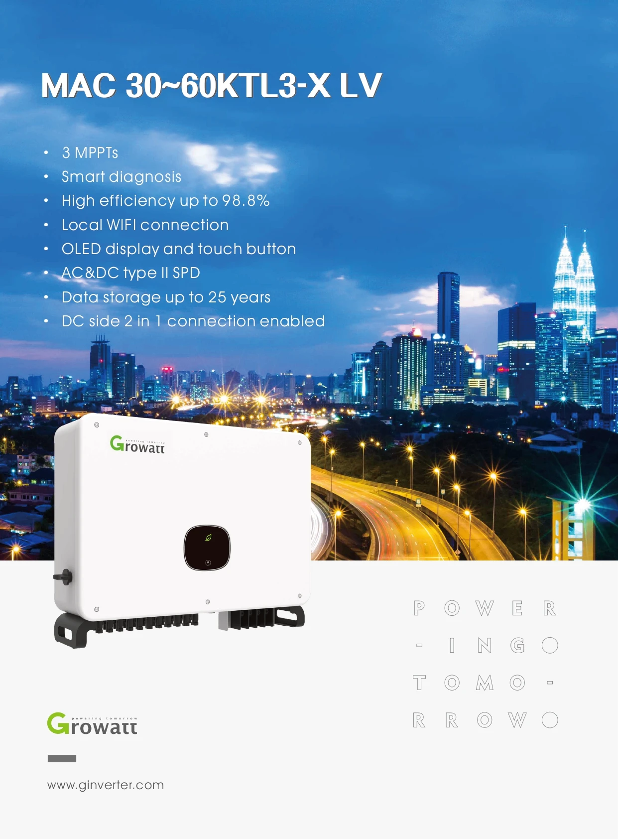 Growatt MAC 30-60KTL3-XLV Hybrid Solar Inverter - 400V Output