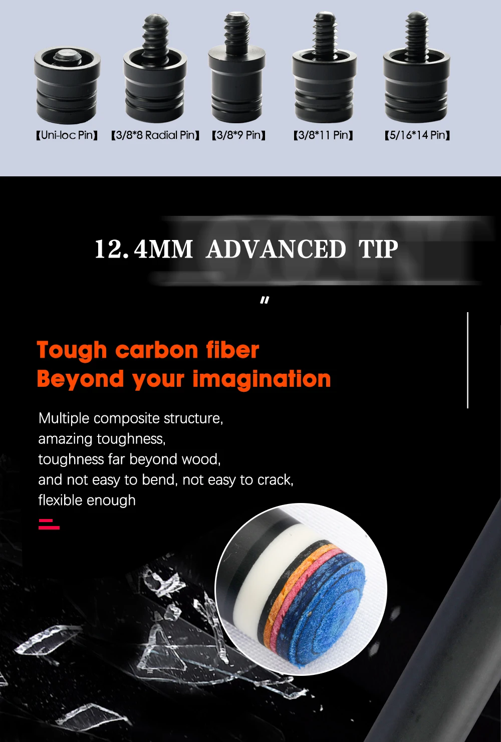 Konllen Carbon Fiber Billiard Pool Cue Stick Shaft Multiple Joints 12 ...