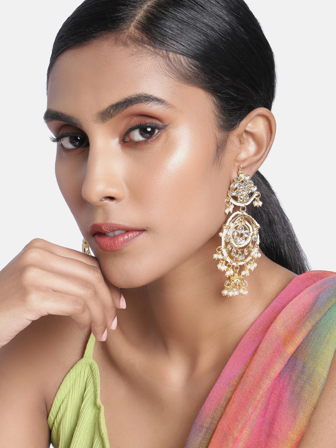 Aheli Gold Platted Indian Traditional Chandelier Kundan Jhumki Earrings Sets Fashion Jewelry For ...