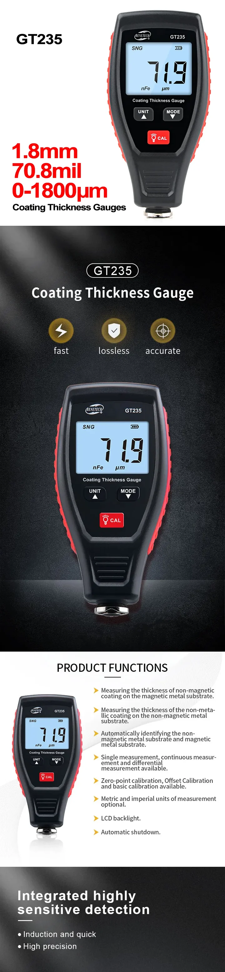 Benetech GT235 Portable Colored Digital Coating Thickness Gauge