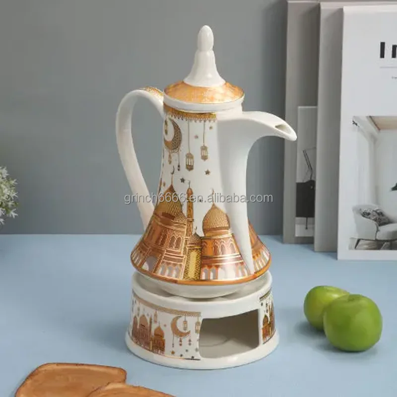 White Gold Ramadan Design Ceramic Arabic Coffee Pot With Candle Warmer ...