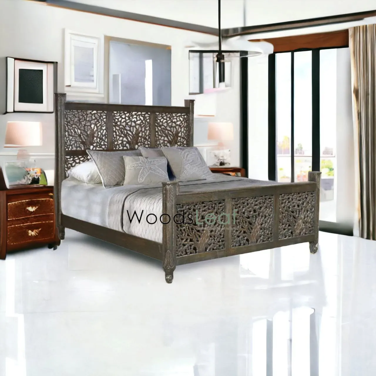 Furniture White Washed Rustic Solid Wood Platform Bed With Flower Style ...