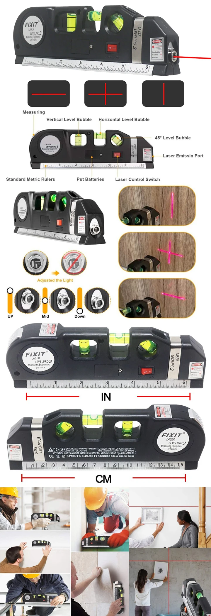 LV03 8ft Cross Line Measurement Ruler Leveling Laser Level Pro 3 Tools RECHARGEABLE and NON ...