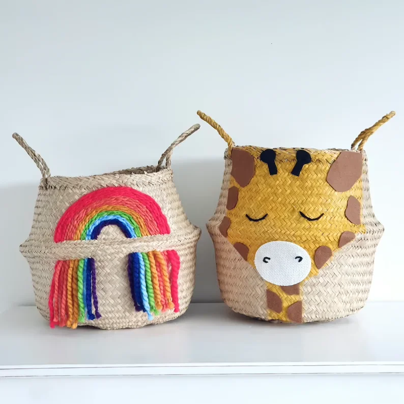 Cute Animal Belly Seagrass Kid Basket Natural Collapsible Laundry ...