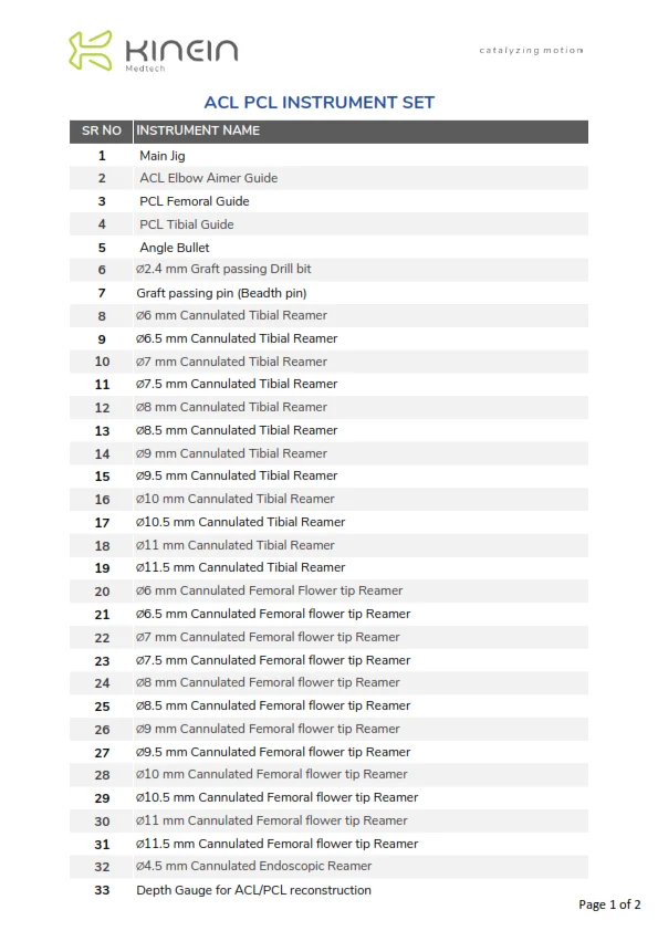 Aluminium ACL PCL Instrument Set for Knee Arthroscopy