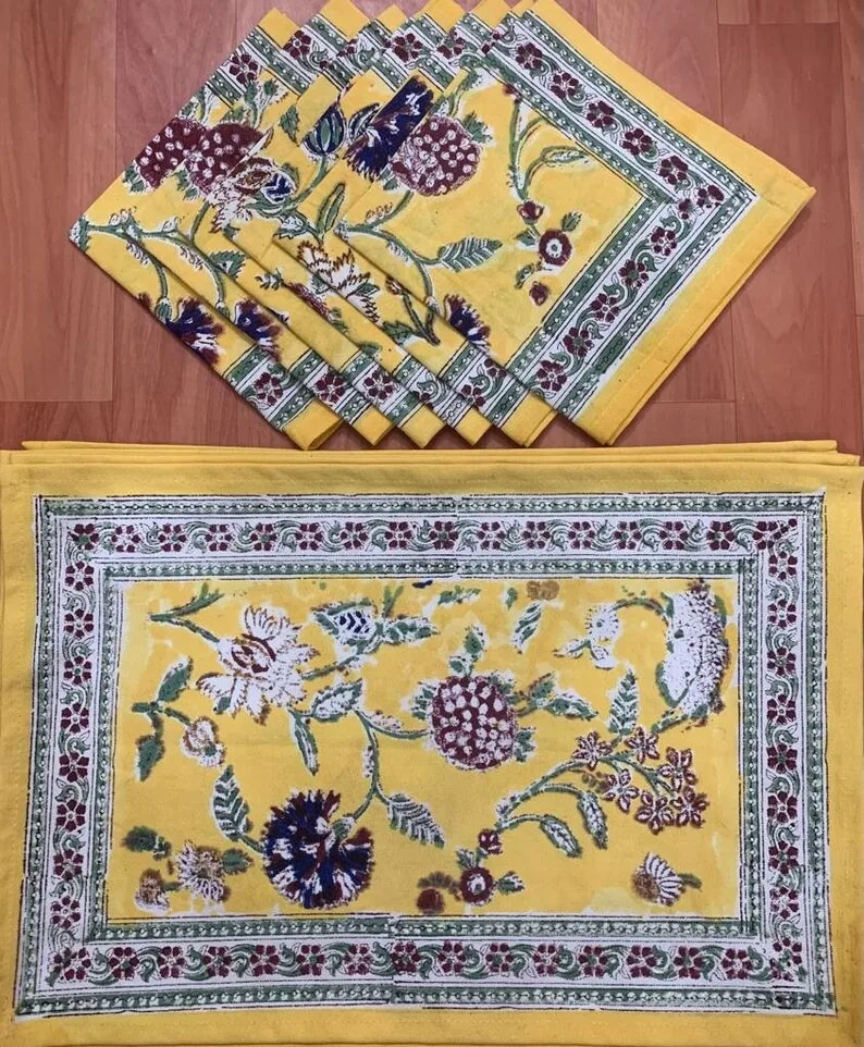 Hand Block Printed Cotton Place Mats Set With Napkins For Dinning ...