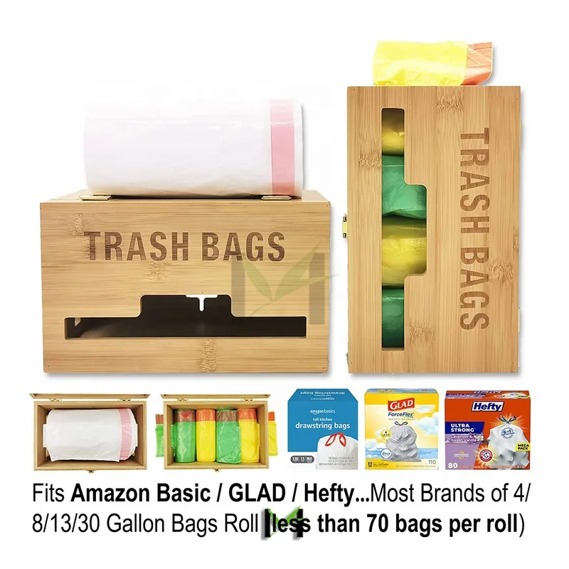Bamboo Trash Bag Dispenser Garbage Bag Holder For Kitchen Laundry Trash ...