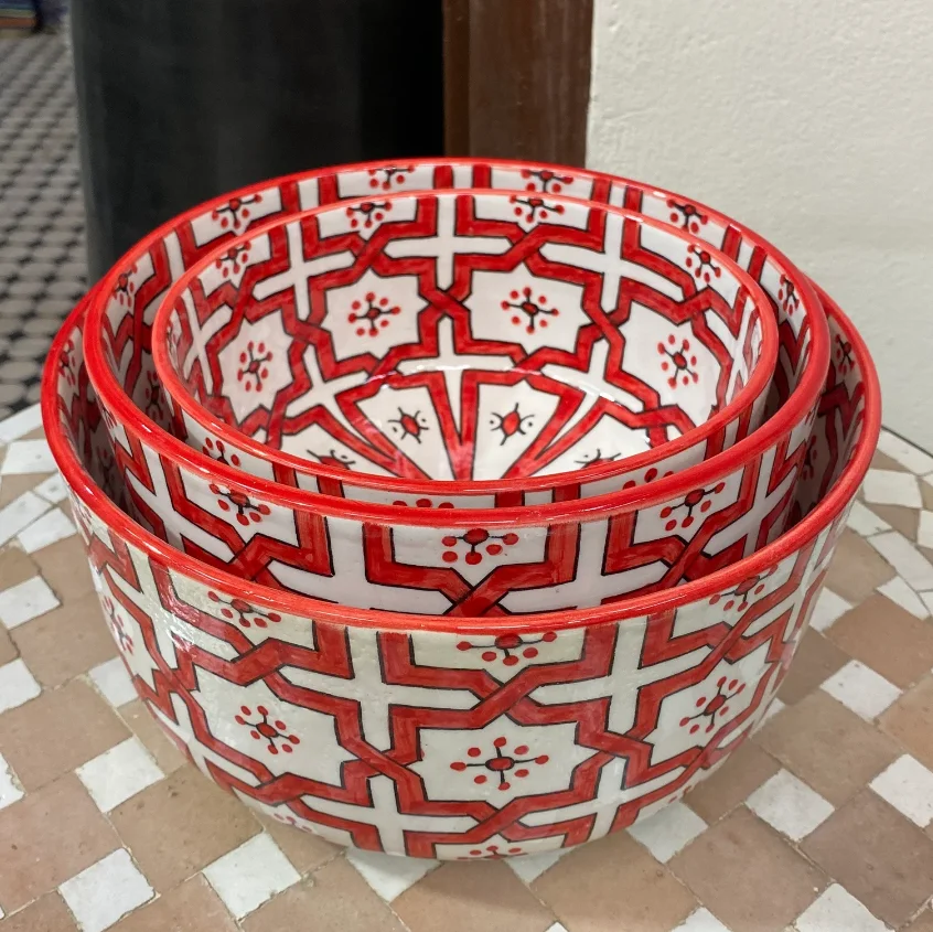 Moroccan Red and White Ceramic Salad Bowls Handmade and Hand Painted in ...