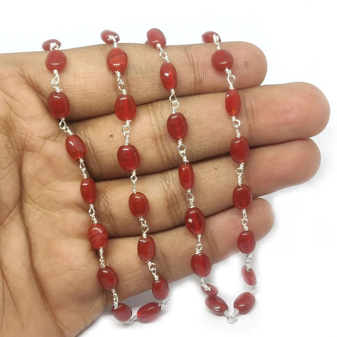 Red Garnet Hydro Beaded Rosary Chain,Oval 6x7mm Silver Plating Chain ...