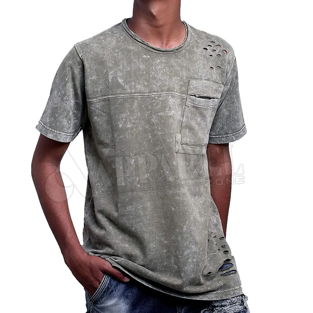 Grey Solid Color Men Acid Wash T-shirts Wholesale Hip Hop Front Pocket ...