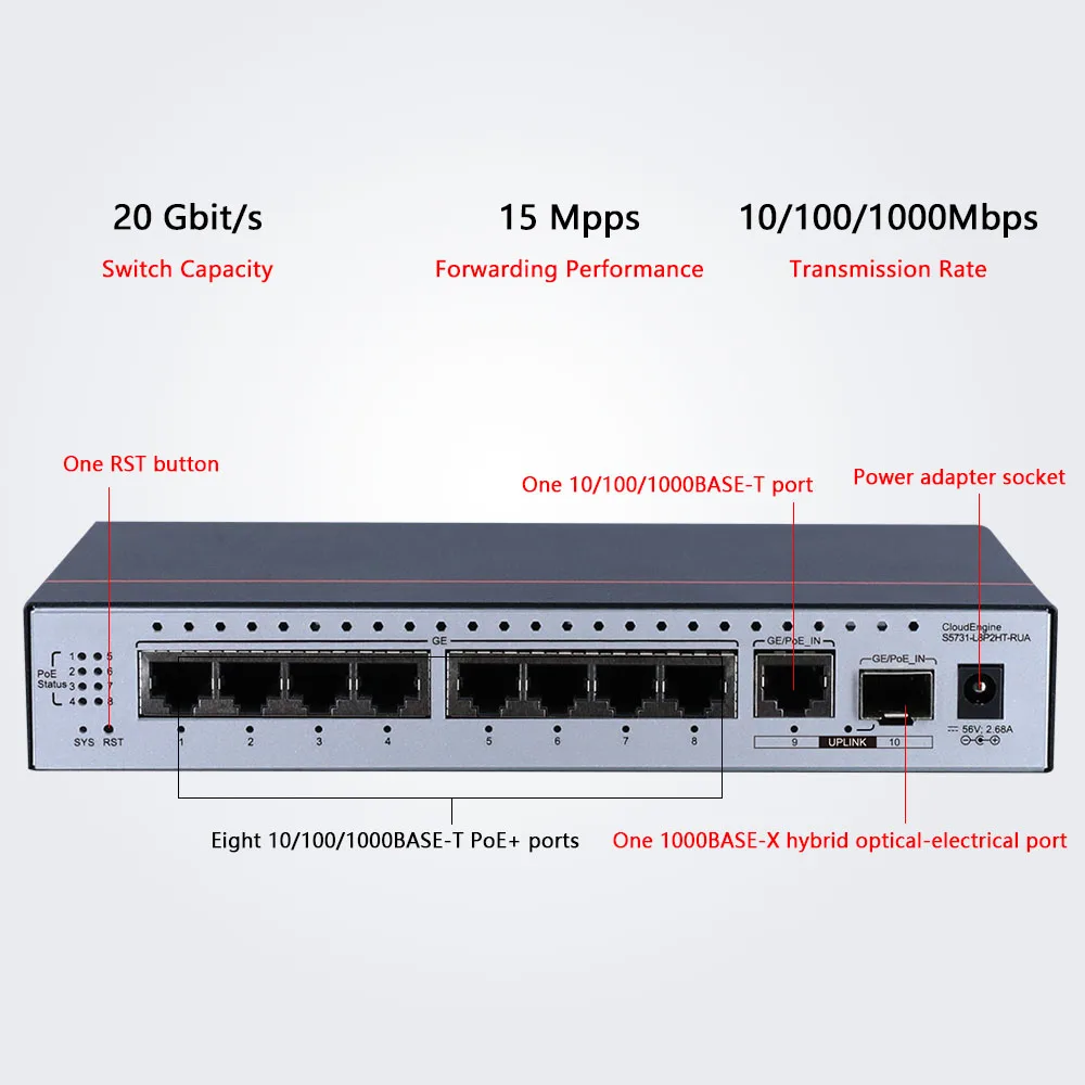 8 Ethernet Ports Network Switch S5731-l8p2ht-rua Gigabit Poe Switch ...