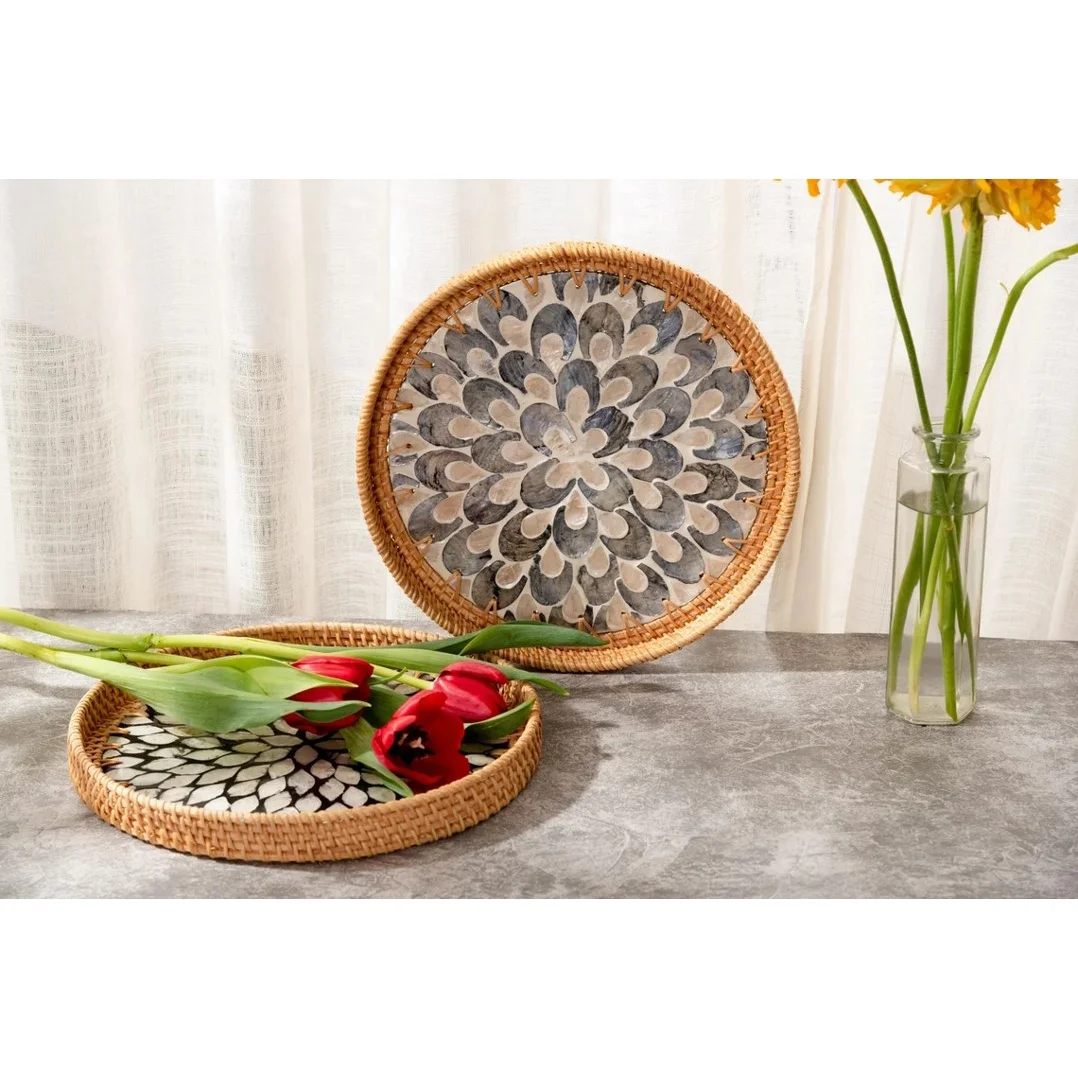 Elegant Rattan Mother of Pearl Serving Tray for Home Decor Round Tray ...
