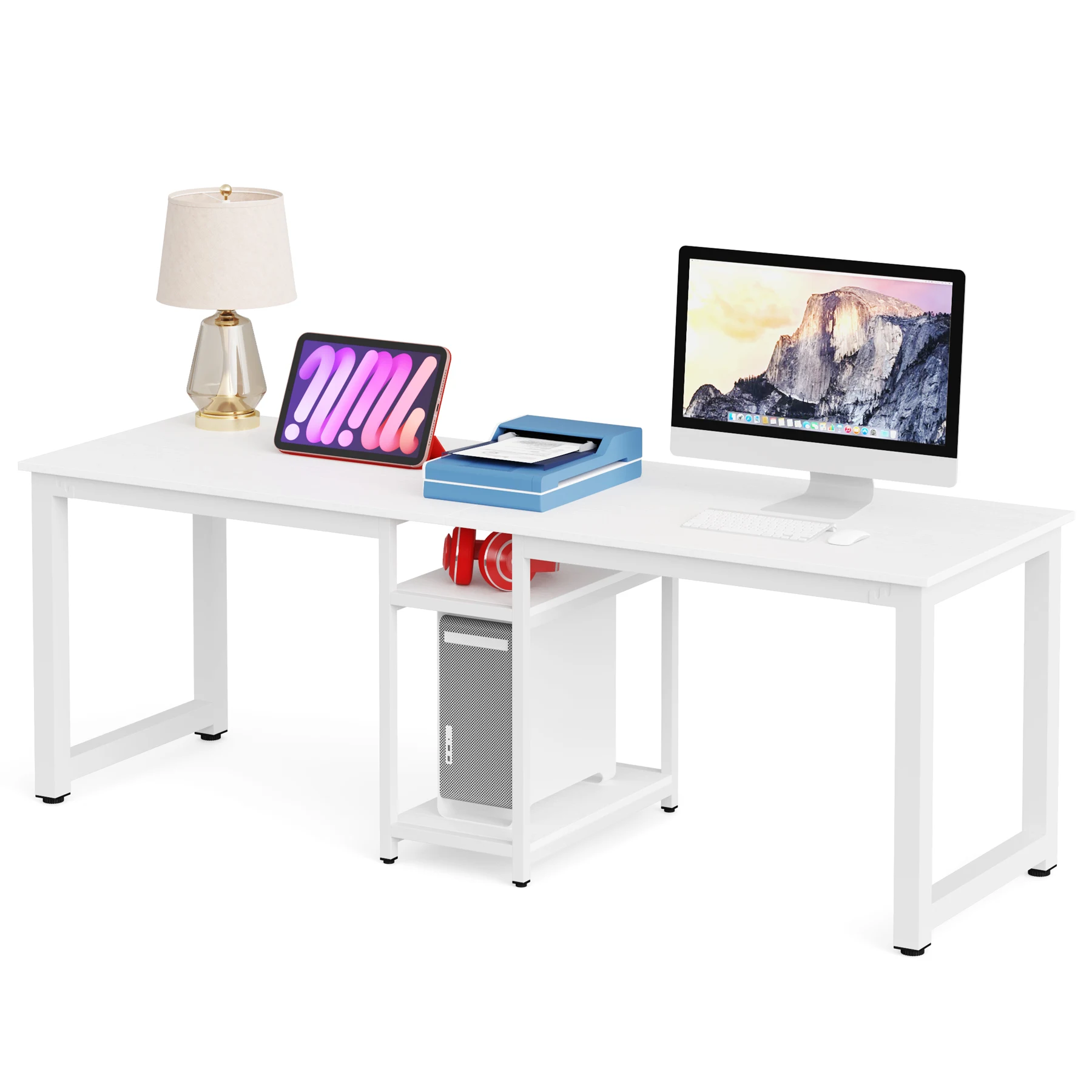 78 Inches Wood White Long Two Person Office Desk Computer Desk With ...