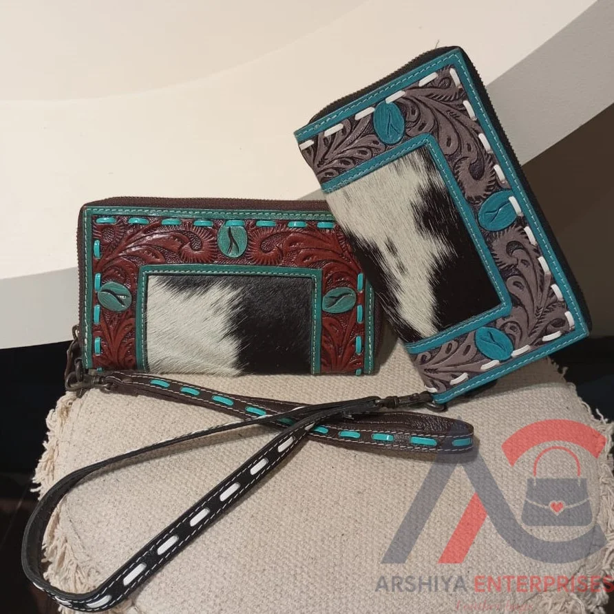 Hand Tooled Carving Wallet Clutch Phone Case Stylish Cowhide Fur ...