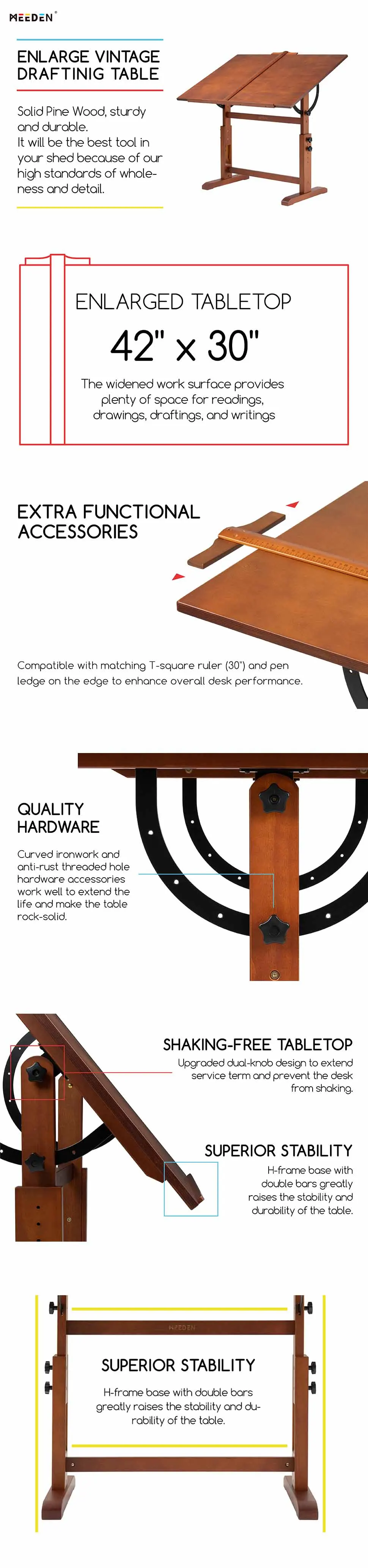 MEEDEN Solid Wood Walnut Color Artist Drawing Table