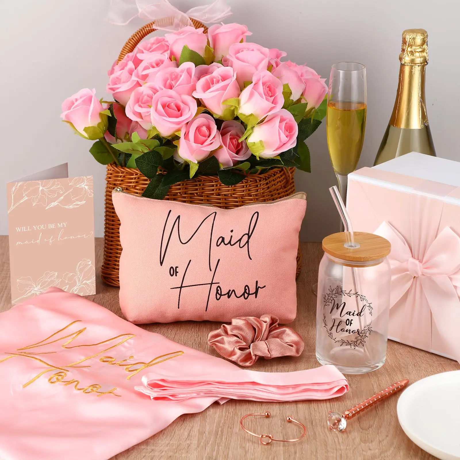 Wideal 8 Pcs Bride Gifts Set Robes Makeup Bag Cup Cards Hair Tie ...