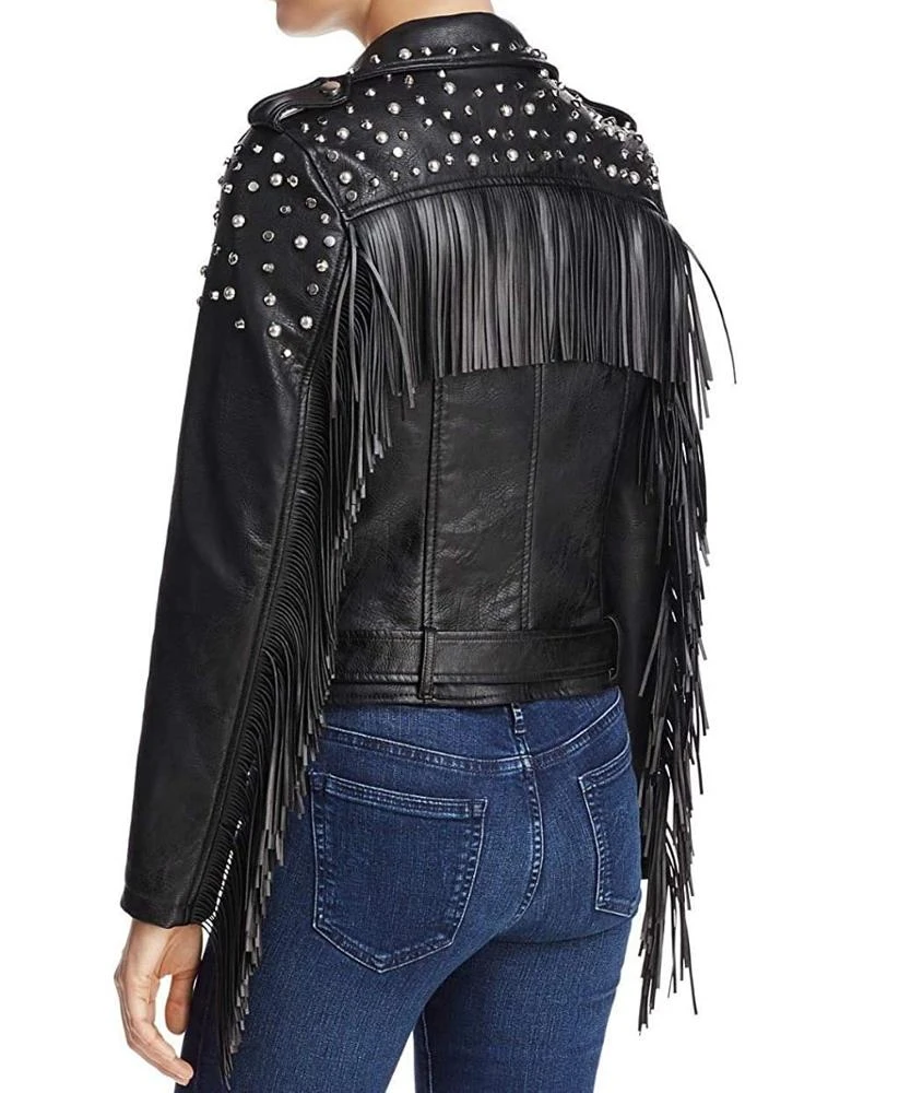 Women Gothic Rock Punk Studded Fringe Biker Jackets Windproof Black ...