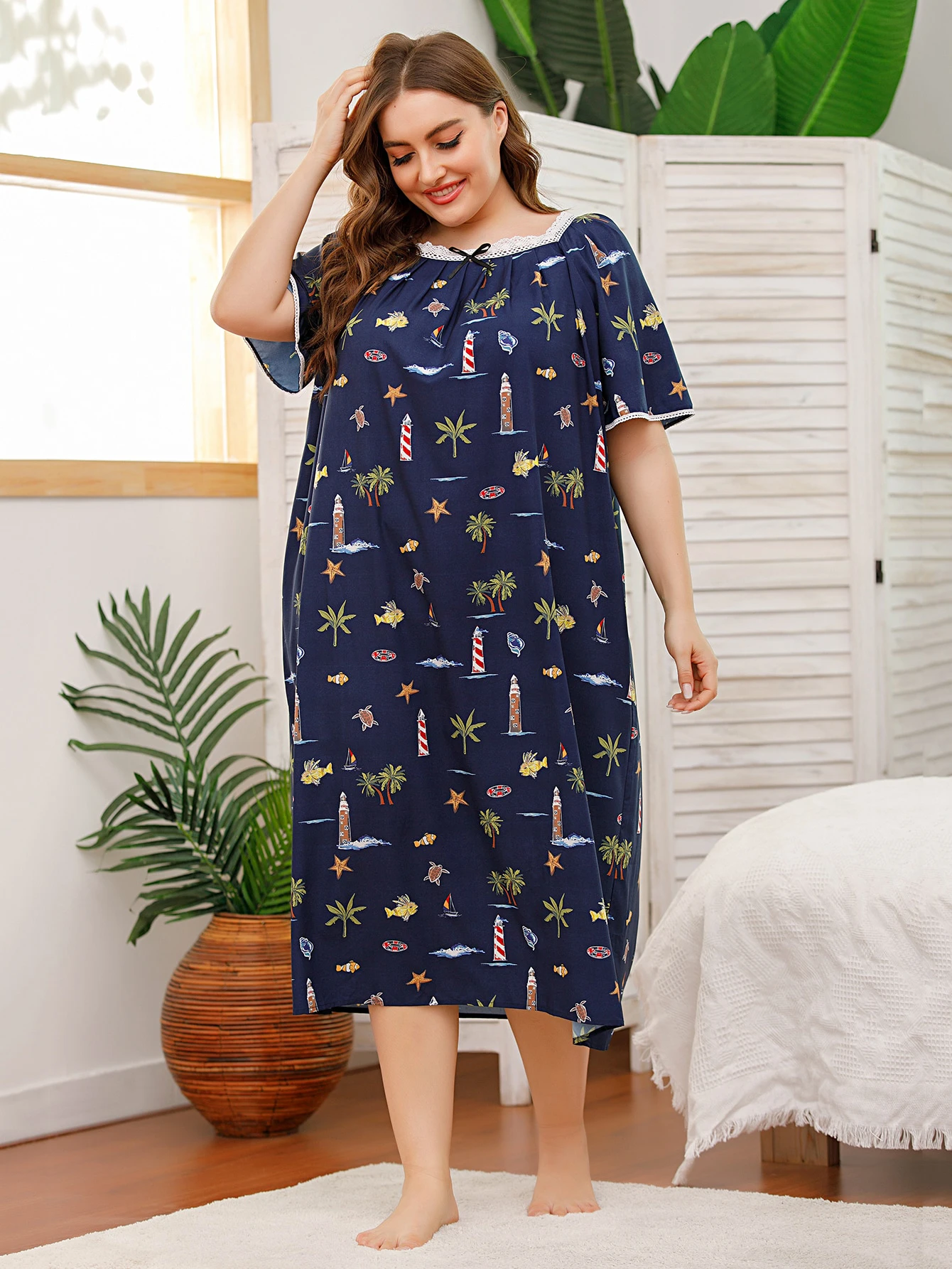Fat Women Print Short Sleeves Night Dress Sleepwear Pyjamas Dress ...