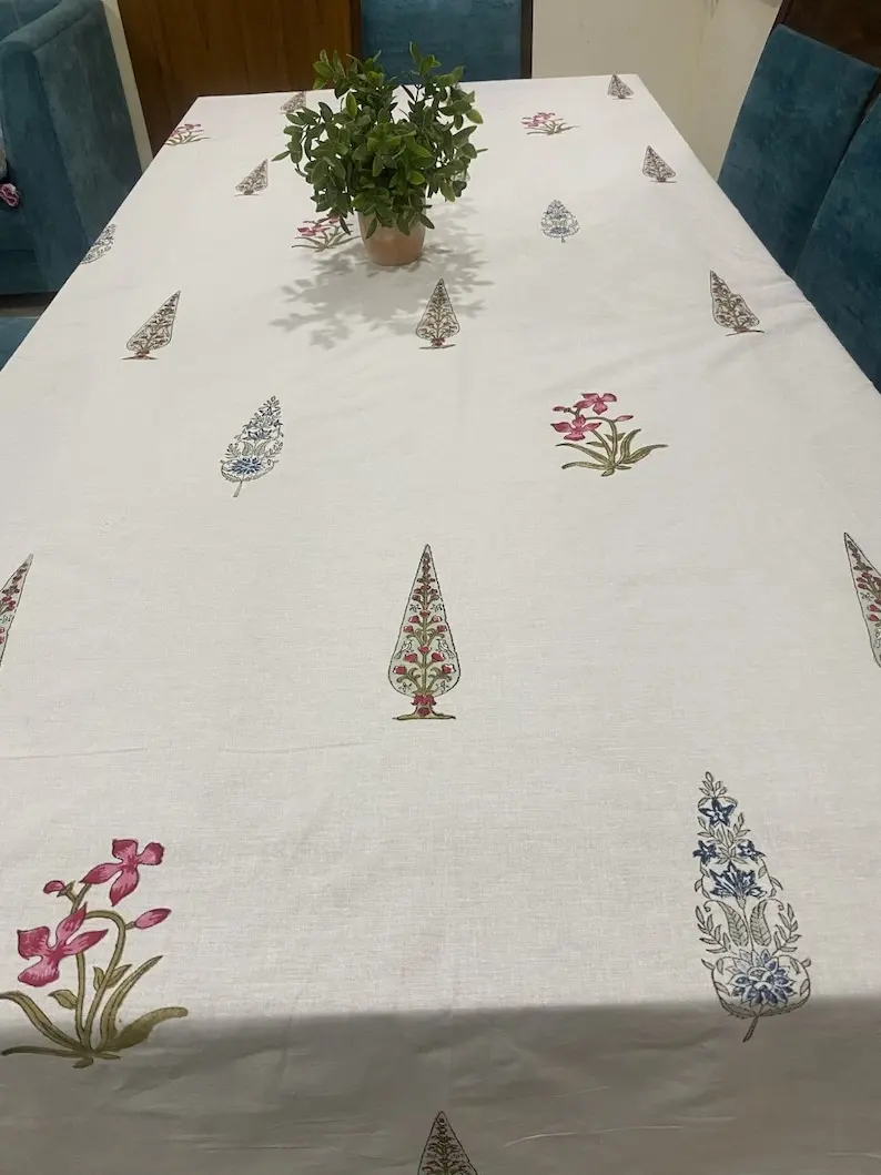 Rose Pink And White Floral Indian Hand Block Printed Tablecloth With ...