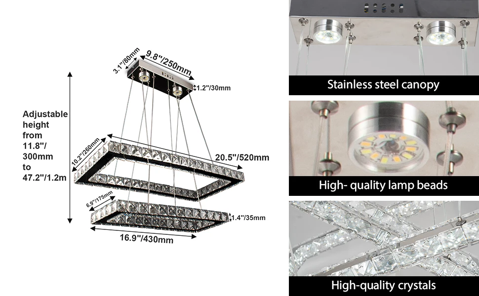 Modern Dimmable Rectangular Crystal Chandelier 2 Rings Led Ceiling ...