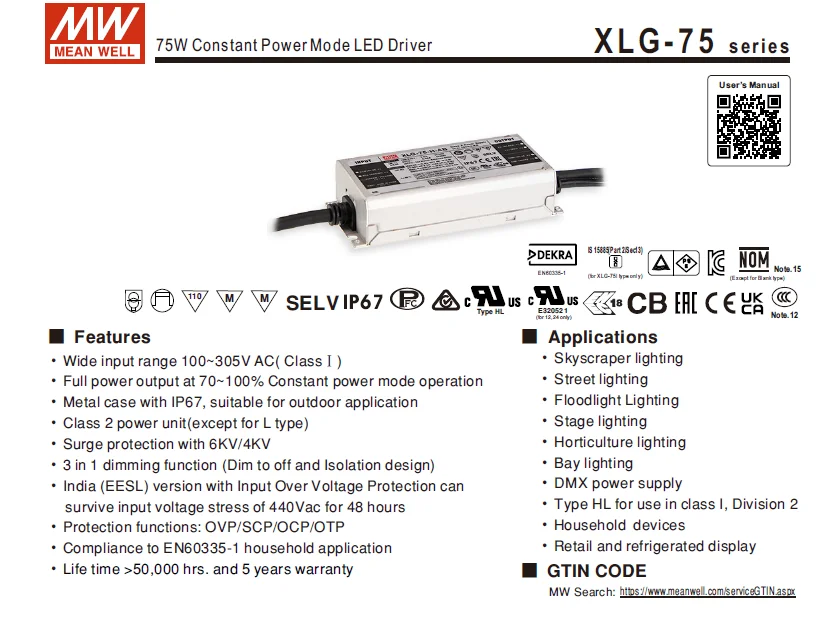 Meanwell XLG Series LED Driver Constant Power Mode Switching Power ...