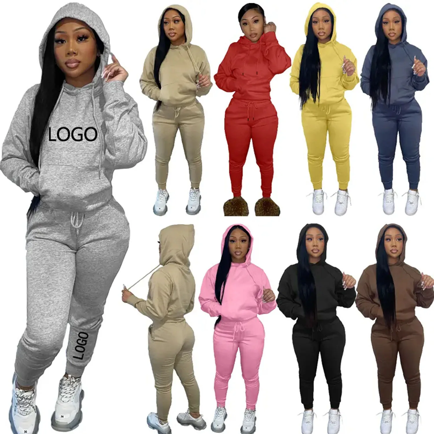 Custom Tracksuit Plus Fleece Solid Sweatpants And Hoodies Set For Women ...