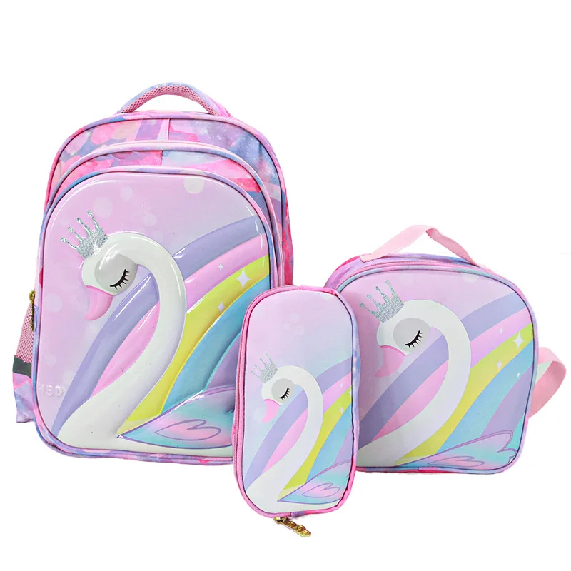 Student Kids Pink White Swan Girl Trolley School Backpack 3 In 1 Kit ...