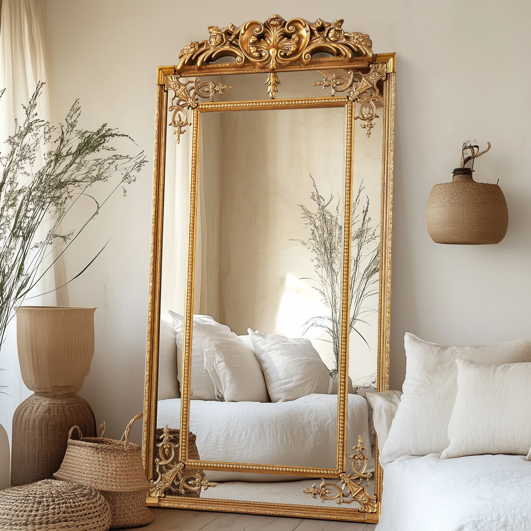 French Vintage Baroque Wood Frame Mirror - Large Decorative Wall Leaner ...