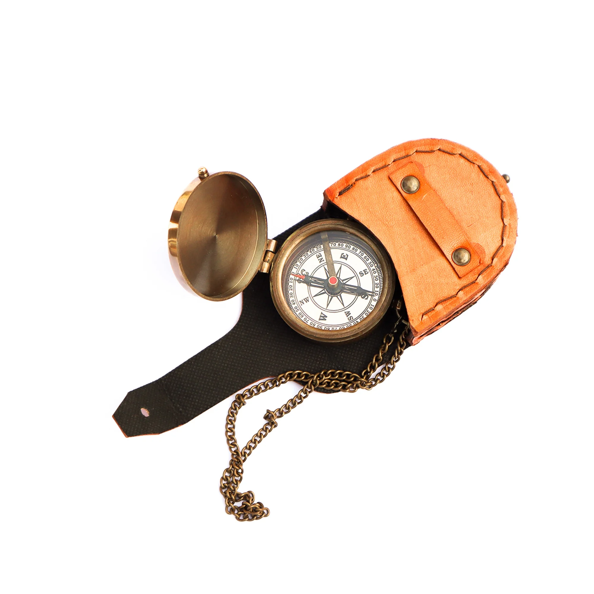 Brass Magnetic Pocket Hiking Direction Marine Compass With Leather Case ...