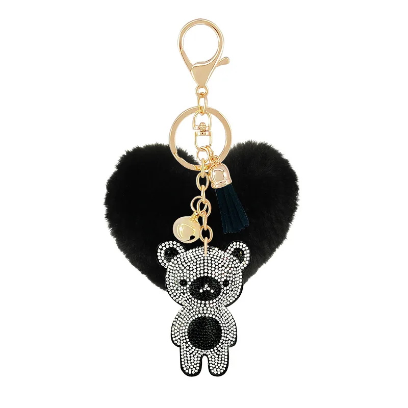 HOT Korea Velvet Diamond Cute Plush Teddy Bear Heart Fur Ball Keyrings ...