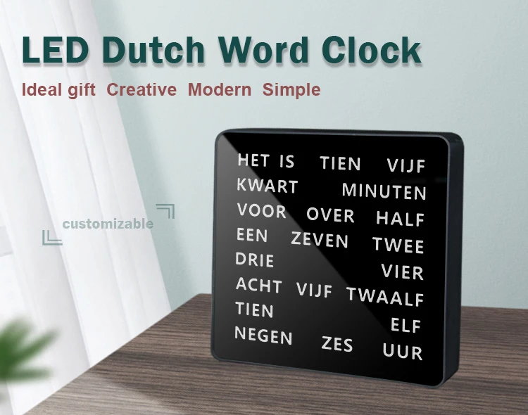 Custom LED Silent Wall Clock - 6" Square Face Digital Display in Dutch ...