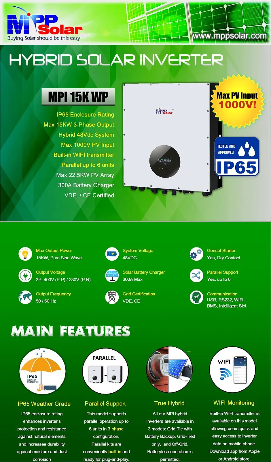 MPI 15K WP - 15000W Hybrid Solar Inverter with MPPT Charger