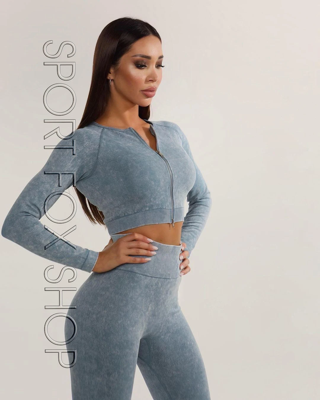 New Gym Zip up Jacket Set Long Sleeve Two Piece Zip Pants Set Yoga ...