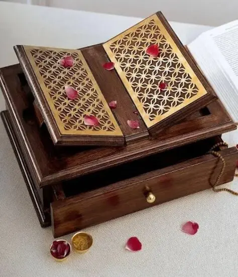 Handcrafted Wooden Holy Book Stand - Quran, Ramayana, Geeta