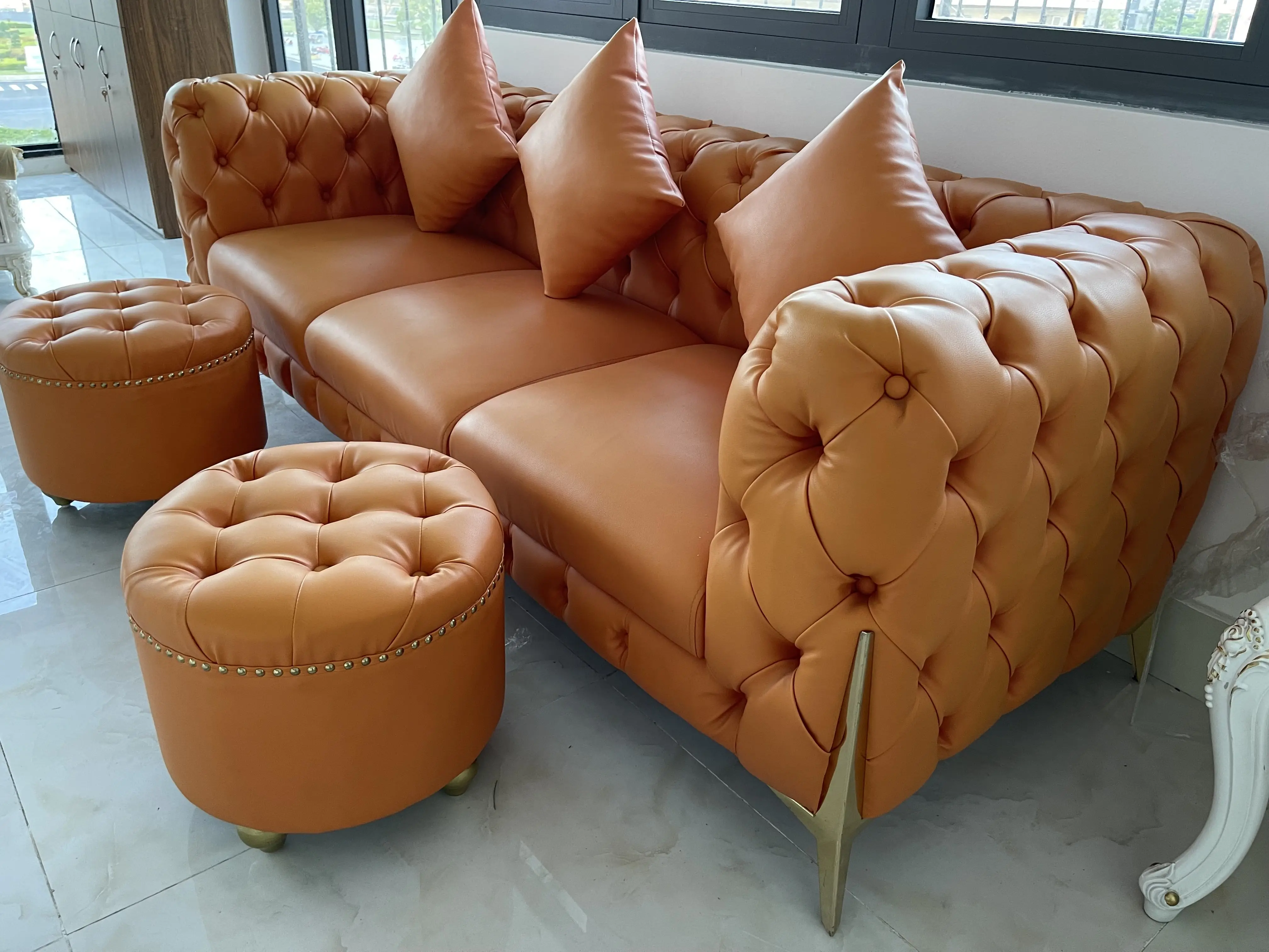 2024 Neoclassical Sofa Synthetic Leather Asian Convertible Orange ...