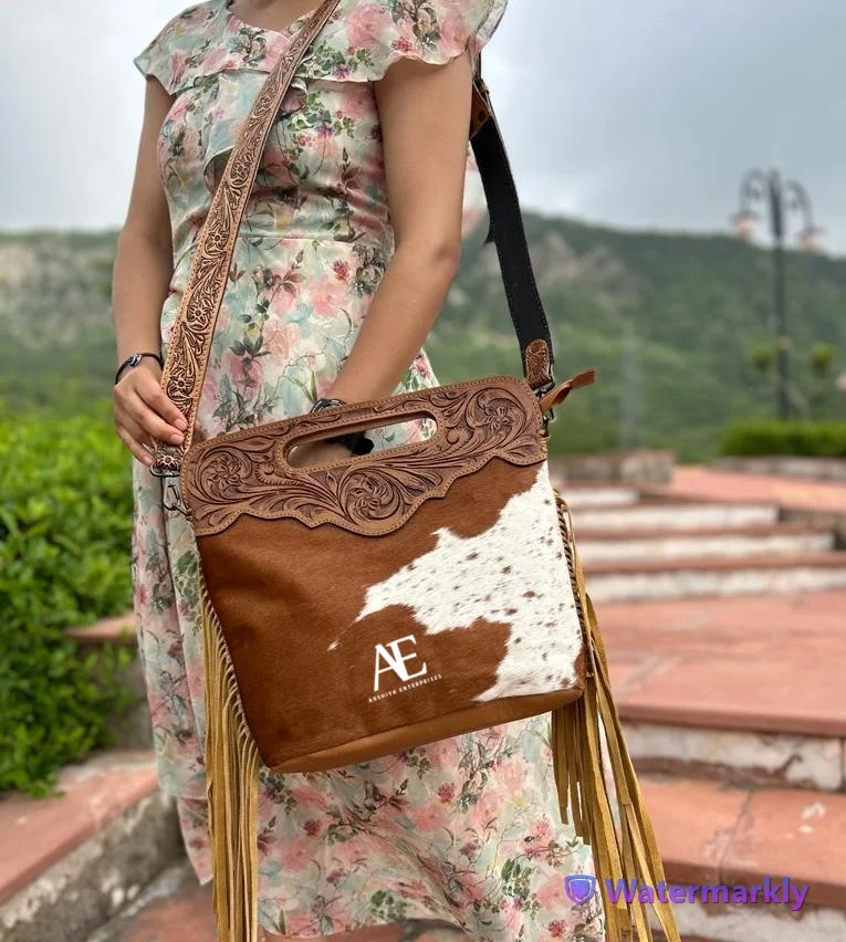 New Western Hand Tooled Hair On Hide Fur Leather Fringe Handbags Hot ...