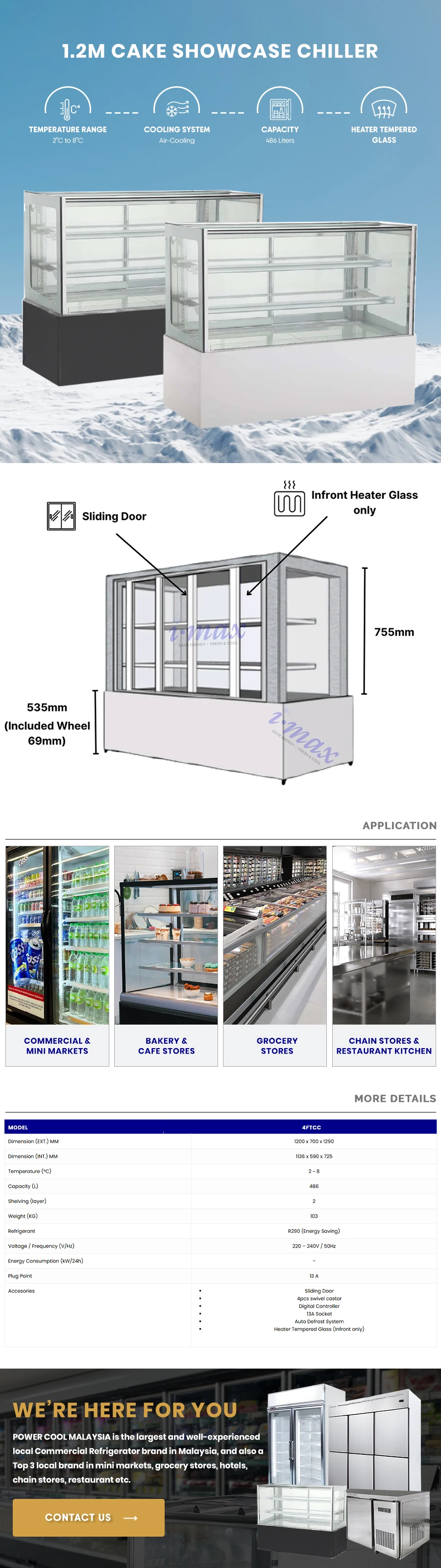 High Quality 1.2m Bakery Cake Display Fridge with LED Light and Square ...