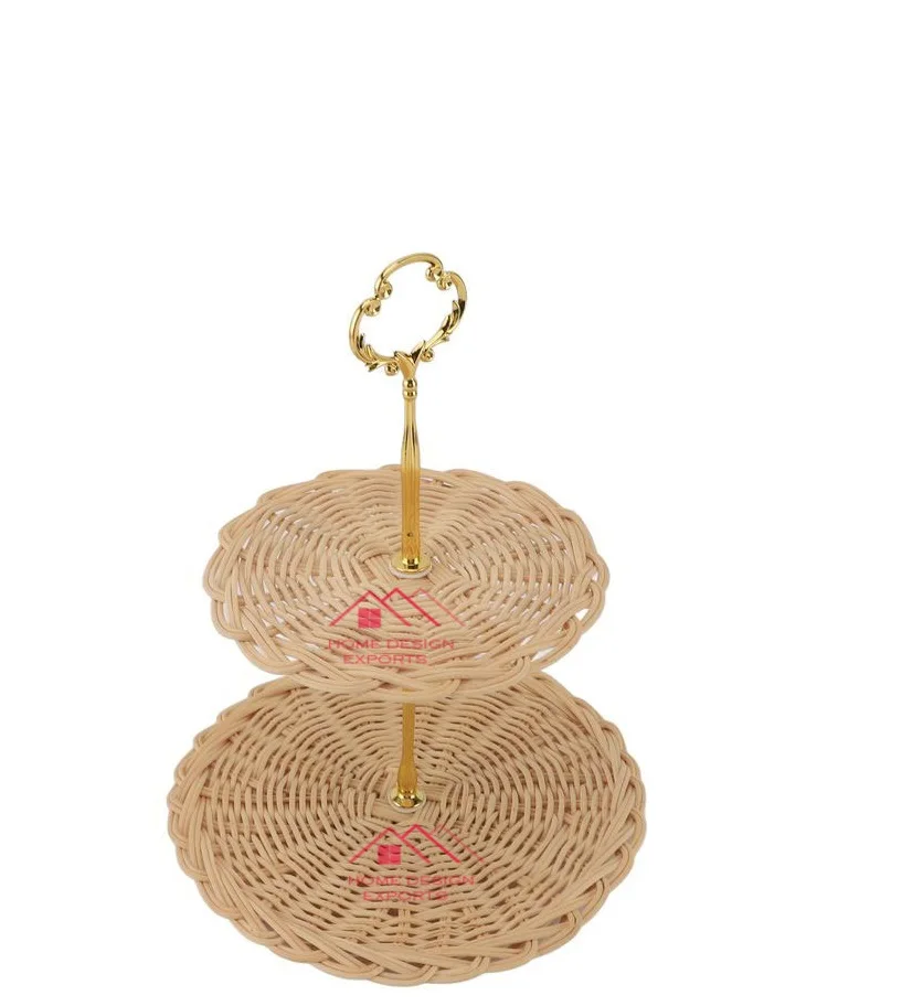 2 Tier Natural Jute And Cane Rattan Cake Serving Stand For Entertaining ...