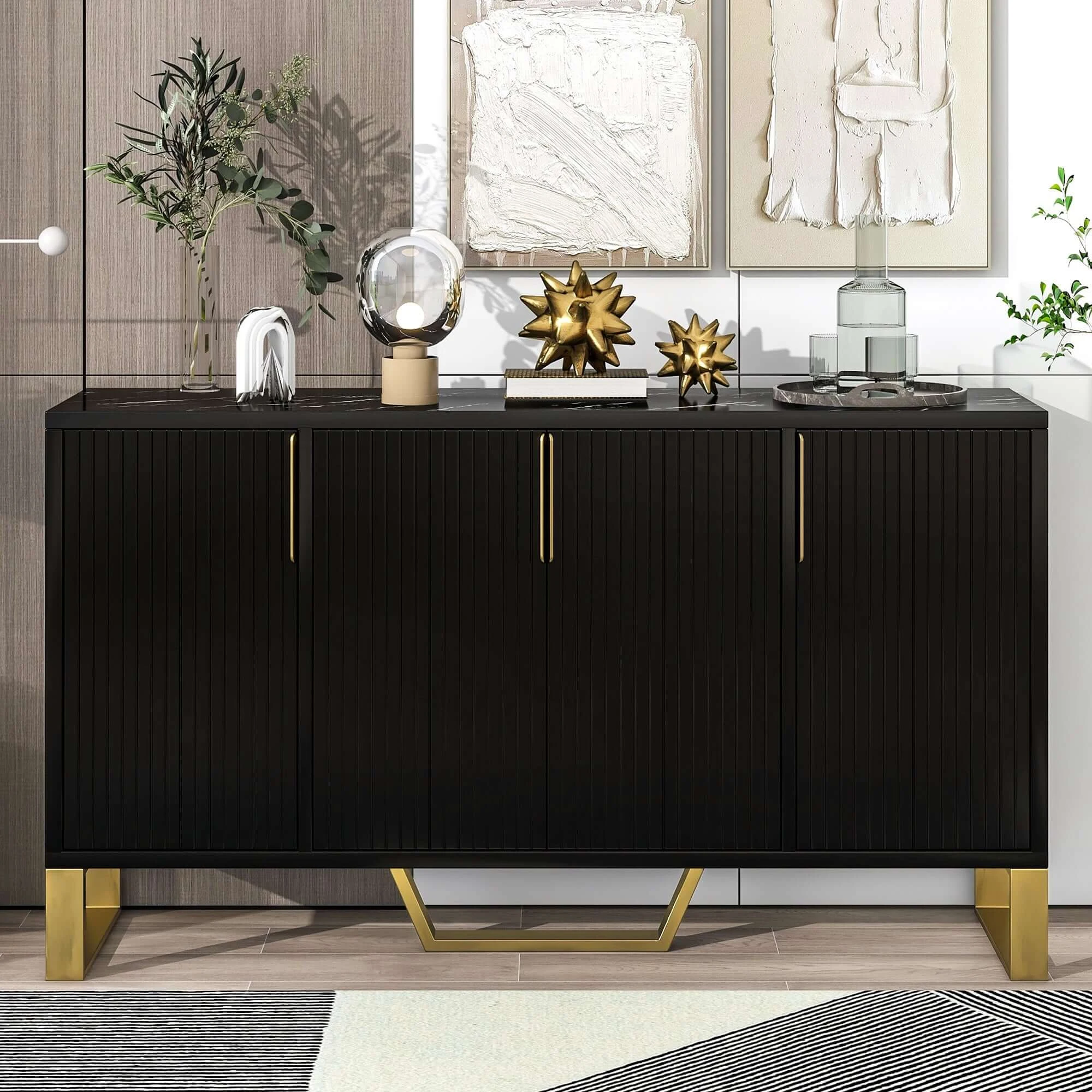 Modern Design Fluted Black Sideboard Cabinet With Golden Metal Legs And ...