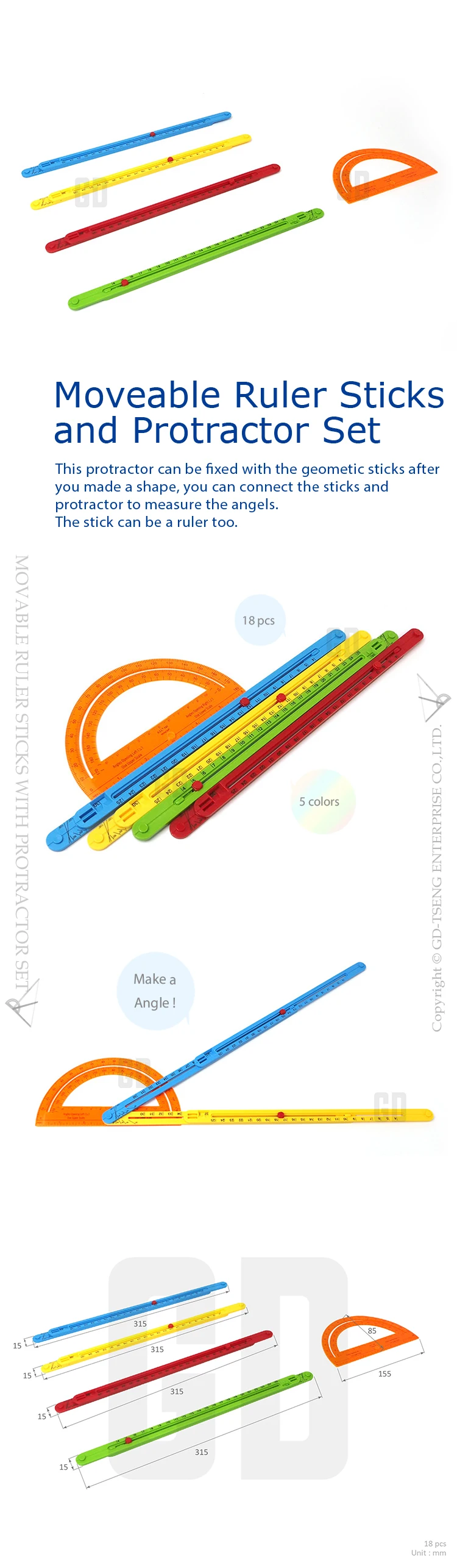 Math Geometry Kit Angles Protractor Measurement Movable Rulers Sets ...