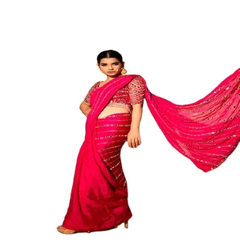 Attractive Pink Colour Saree Embroidery Work Blouse Sari Party Wear ...