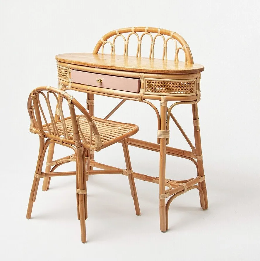 Luxury rattan makeup vanity table with large mirror retro style makeup ...