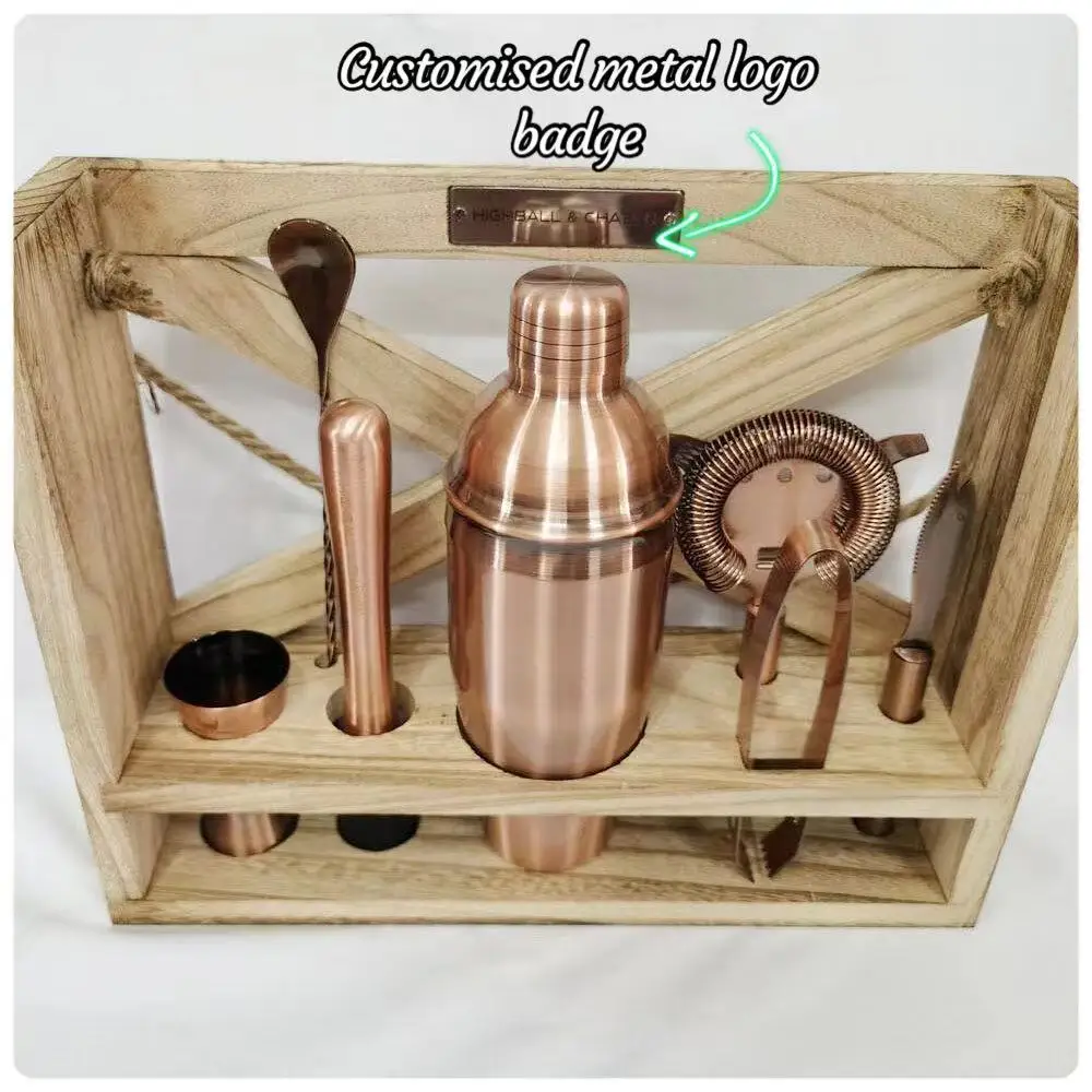 Professional Barware Tools Wooden Stand Stainless Steel Bartender Set ...