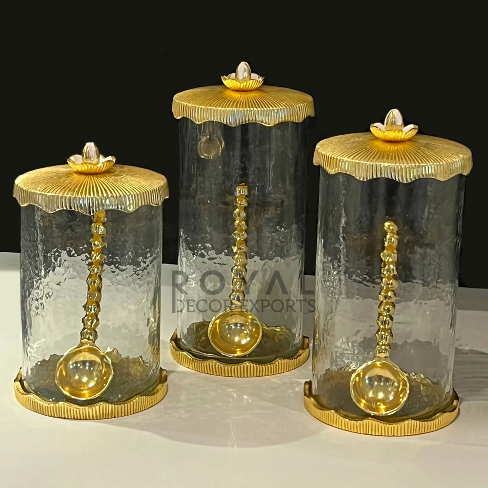 Glass Jars With Decorative Metal Lids Kitchen Canister Set Gold Luxury ...