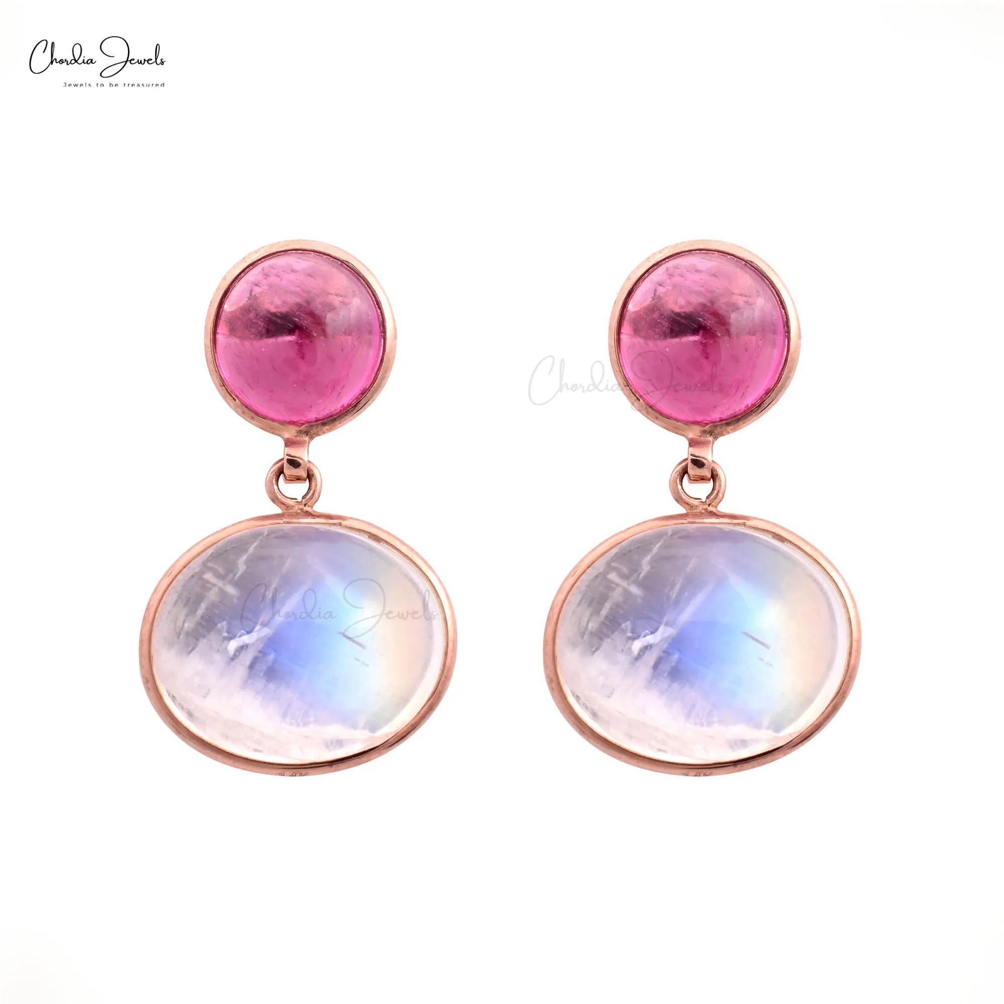 3.43 ct Rainbow Moonstone & Pink Tourmaline 2 Gemstone Dangling Earring ...