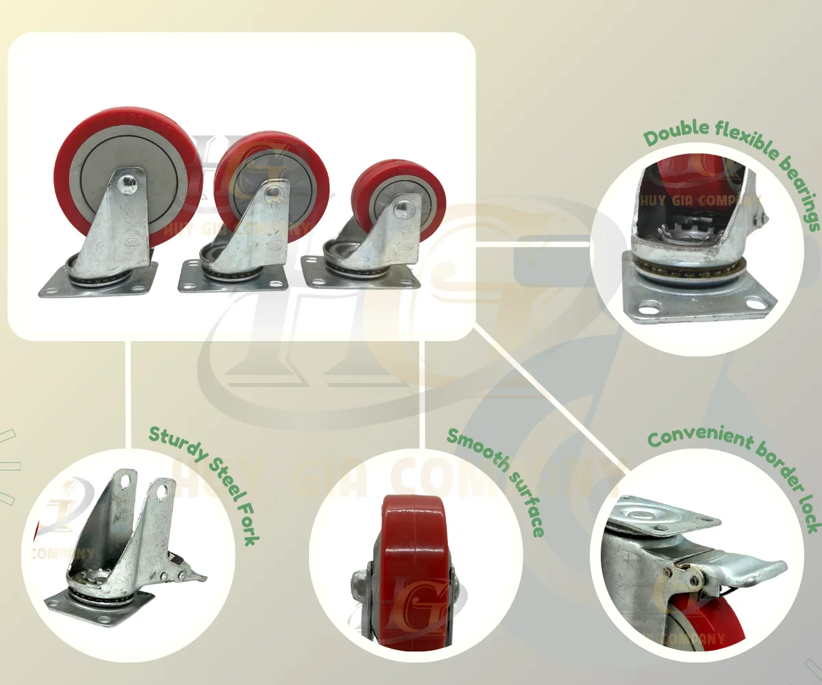 High Quality Heavy Duty Red Pu Casters Size 100x32mm With Load Capacity ...