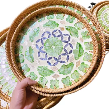 Handwoven Circle Shape Rattan Tray With Mother Of Pearl Plates Ready To ...