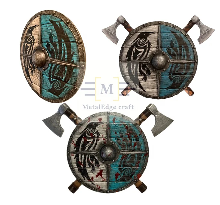 New Unique Blue Bird Design Heavy Wooden Shield Medieval Round Viking ...
